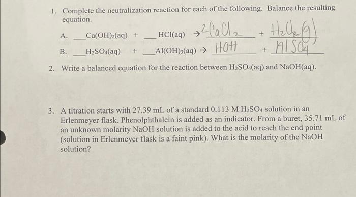 Solved 1. Complete the neutralization reaction for each of | Chegg.com