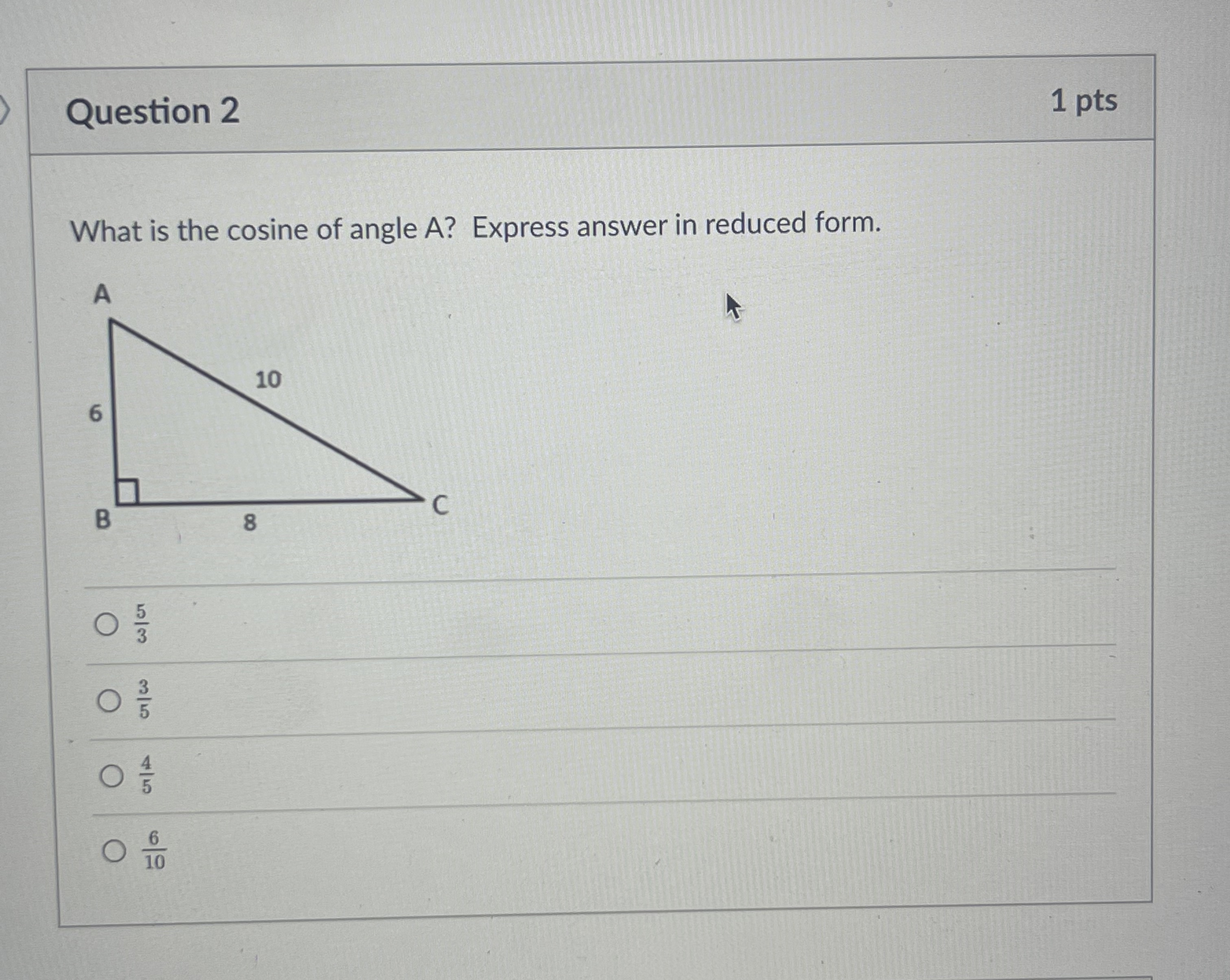 Solved Question 21 ﻿ptsWhat is the cosine of angle A? | Chegg.com