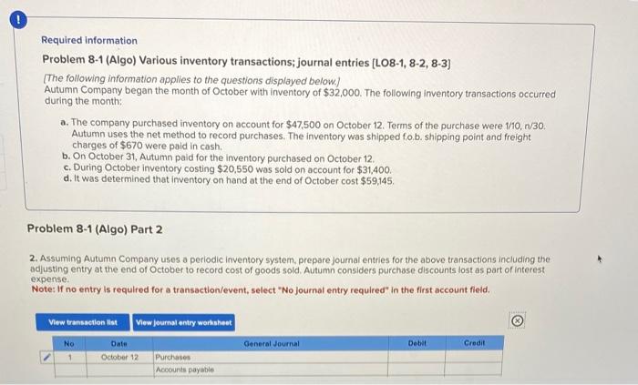 Solved Required information Problem 8-1 (Algo) Various | Chegg.com