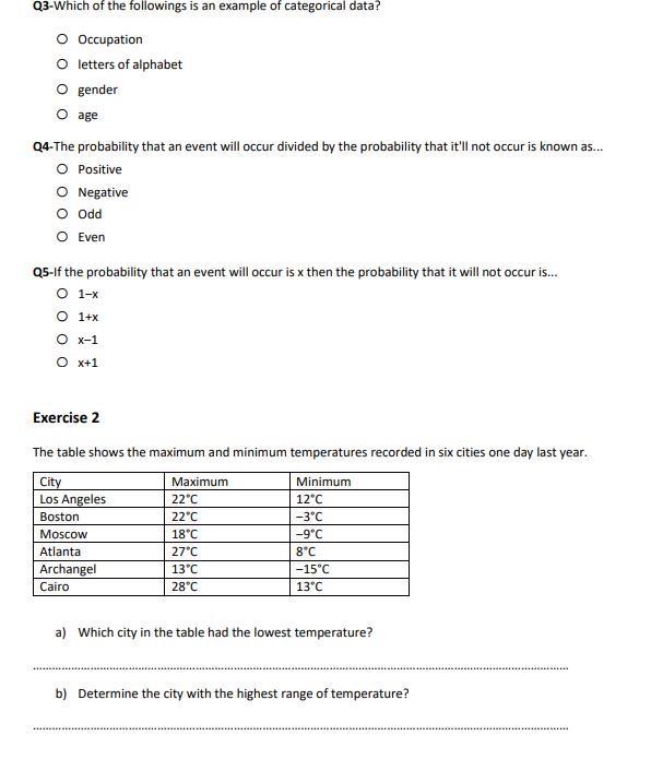 Solved Exercise 1 Use the following table to answer Q1 and | Chegg.com