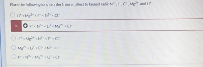Solved Place the following ions in order from smallest to | Chegg.com