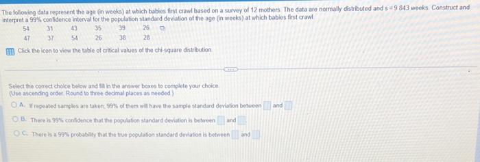 Solved The following data represent the age (in weeks) at | Chegg.com