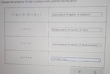 Solved Choose the property of real numbers that justifies | Chegg.com