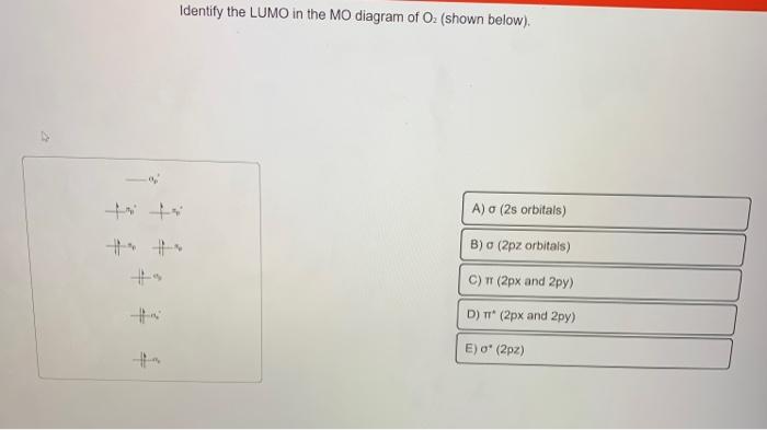Solved Identify the LUMO in the MO diagram of O2 (shown | Chegg.com