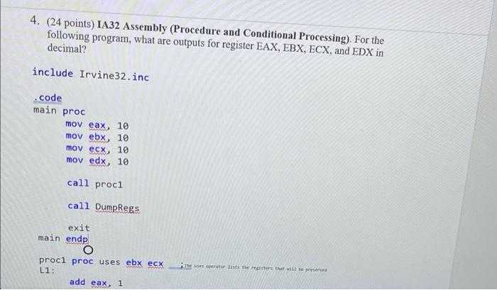 Solved 4. (24 points) IA32 Assembly (Procedure and | Chegg.com