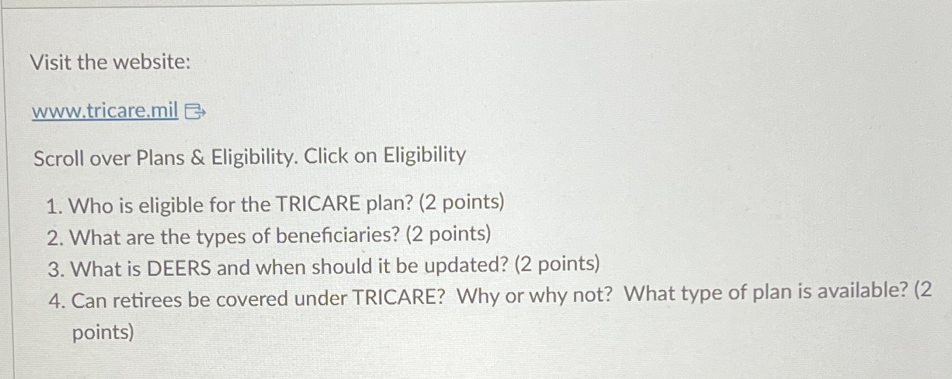 Solved Visit the website:www.tricare.milScroll over Plans & | Chegg.com