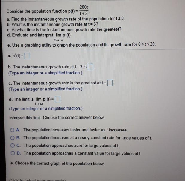 Solved 200t Consider the population function p(t) = t + 3 a. | Chegg.com