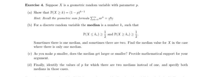 Solved Exercise 4 Suppose X Is A Geometric Random Variable