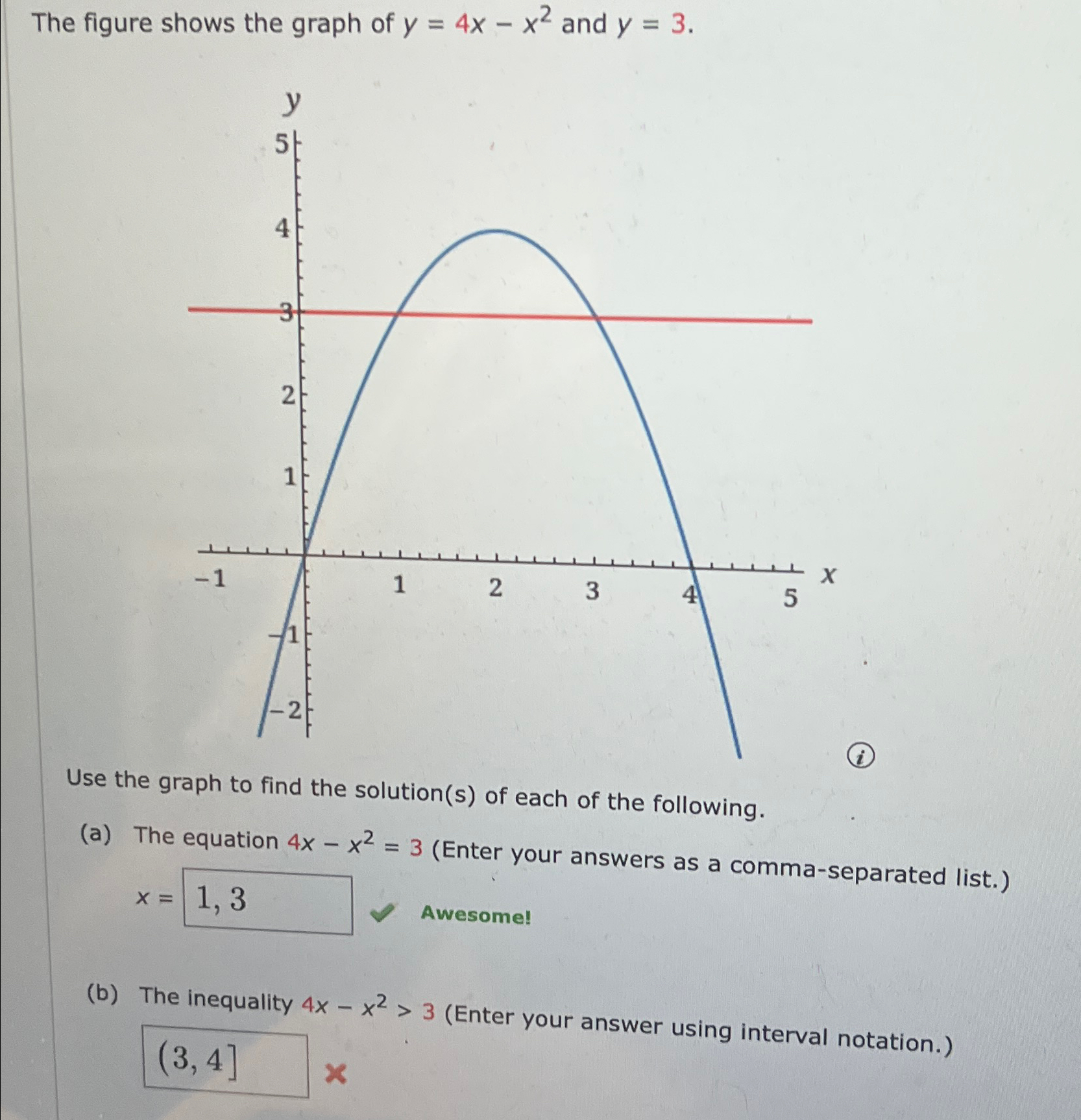Solved The figure shows the graph of y=4x-x2 ﻿and y=3.(i)Use | Chegg.com