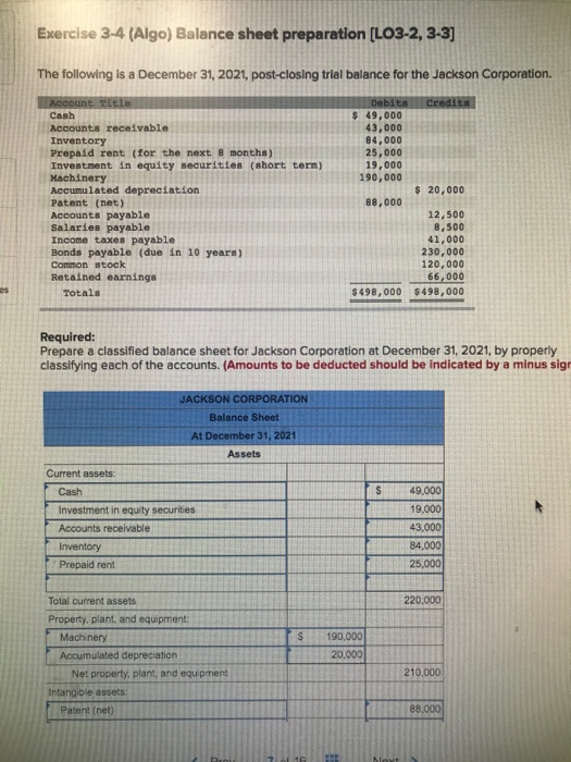 Solved Exercise 3-4 (Algo) Balance sheet preparation (LO3-2, | Chegg.com