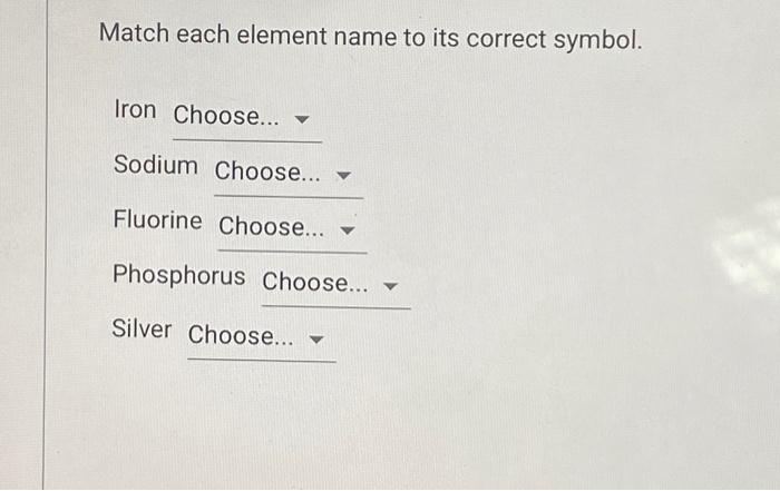 Solved Match each element name to its correct symbol. Iron | Chegg.com