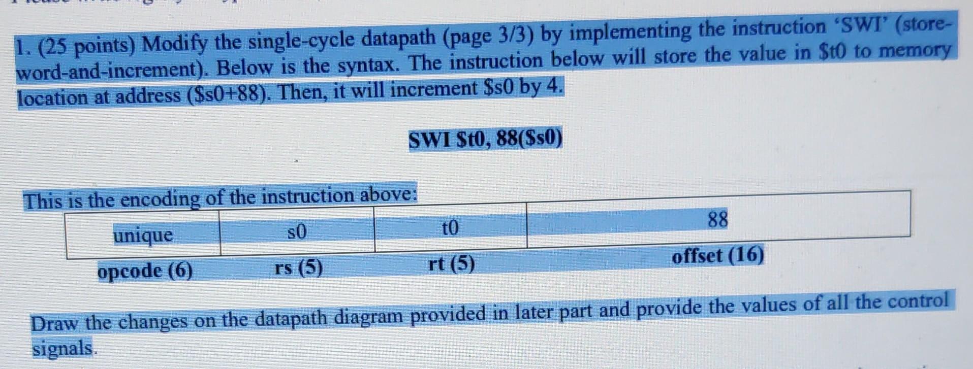 Solved 1. (25 points) Modify the single-cycle datapath (page | Chegg.com