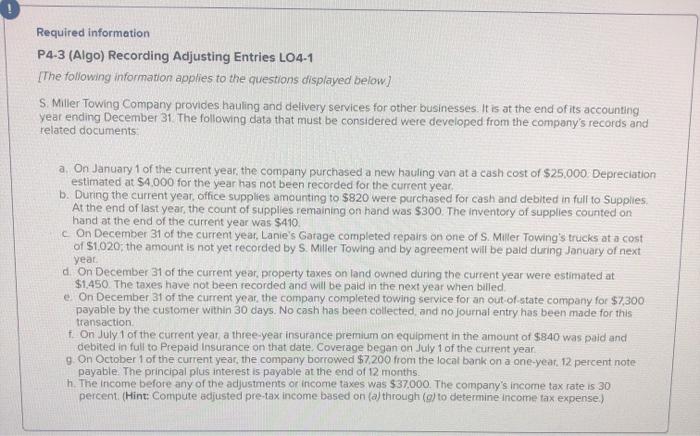 Solved Required information P4-3 (Algo) Recording Adjusting | Chegg.com