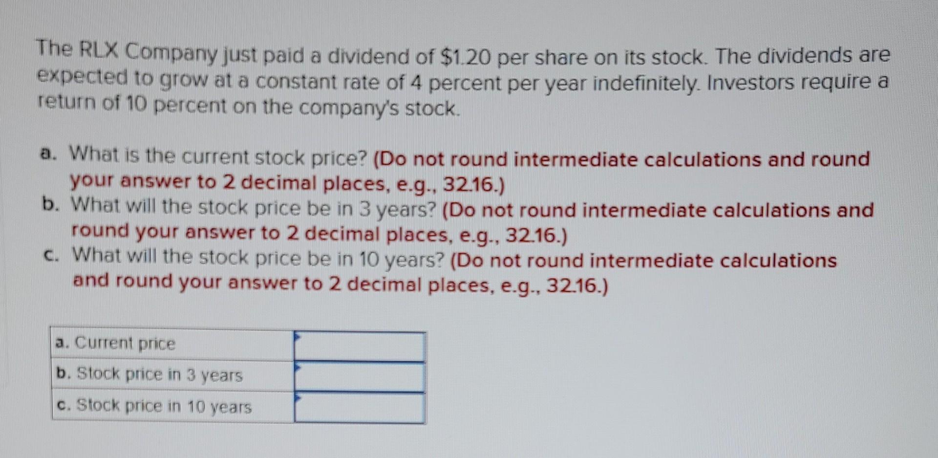 Solved The RLX Company just paid a dividend of $1.20 per | Chegg.com