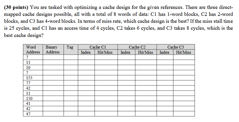 Solved (30 ﻿points) ﻿You are tasked with optimizing a cache | Chegg.com