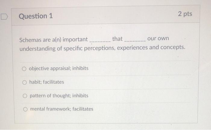 Solved Schemas are a(n) important that our own understanding | Chegg.com