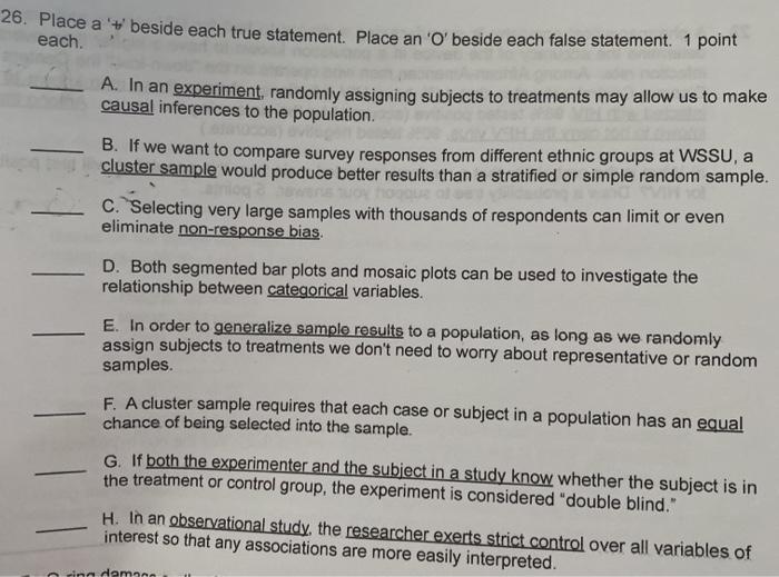 Solved 26. Place a + beside each true statement. Place an | Chegg.com