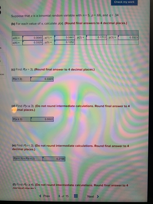 Solved Check my work Suppose that x is a binomial random | Chegg.com