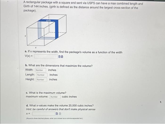 Solved A rectangular package with a square end sent via USPS | Chegg.com