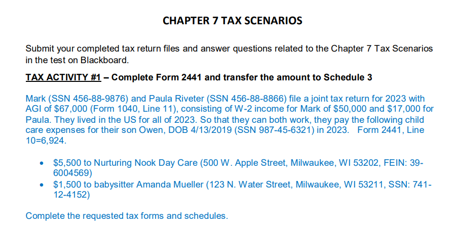 Solved TAX ACTIVITY #1 - ﻿Complete Form 2441 ﻿and transfer | Chegg.com
