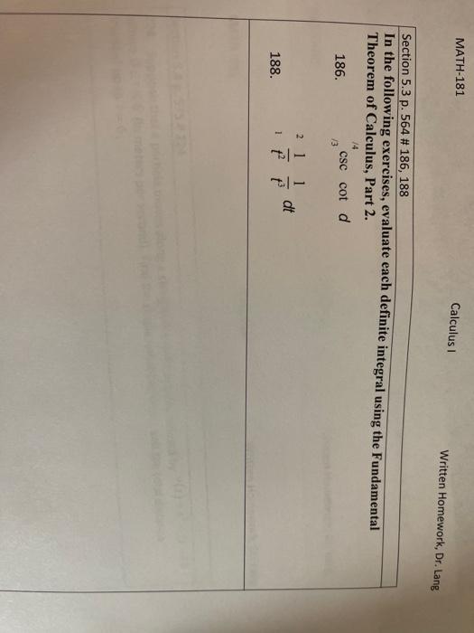Solved MATH-181 Calculus ! Written Homework, Dr. Lang | Chegg.com