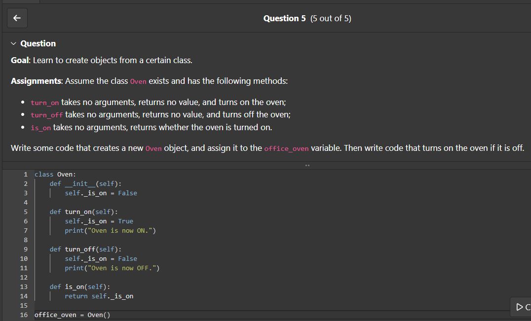 Solved Write some code that creates a new oven object, and | Chegg.com