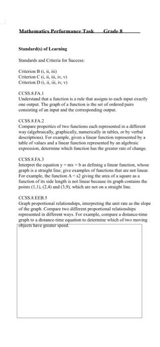 Mathematics Performance Task Grade 8 Standard(s) of | Chegg.com