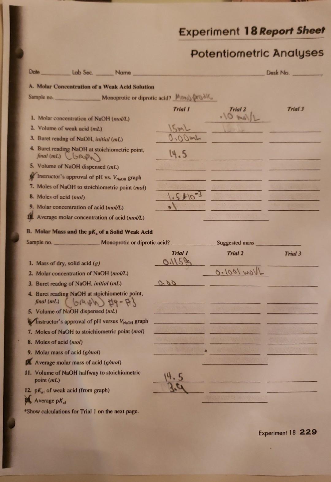 Solved Experiment 18 Report Sheet Potentiometric Analyses | Chegg.com