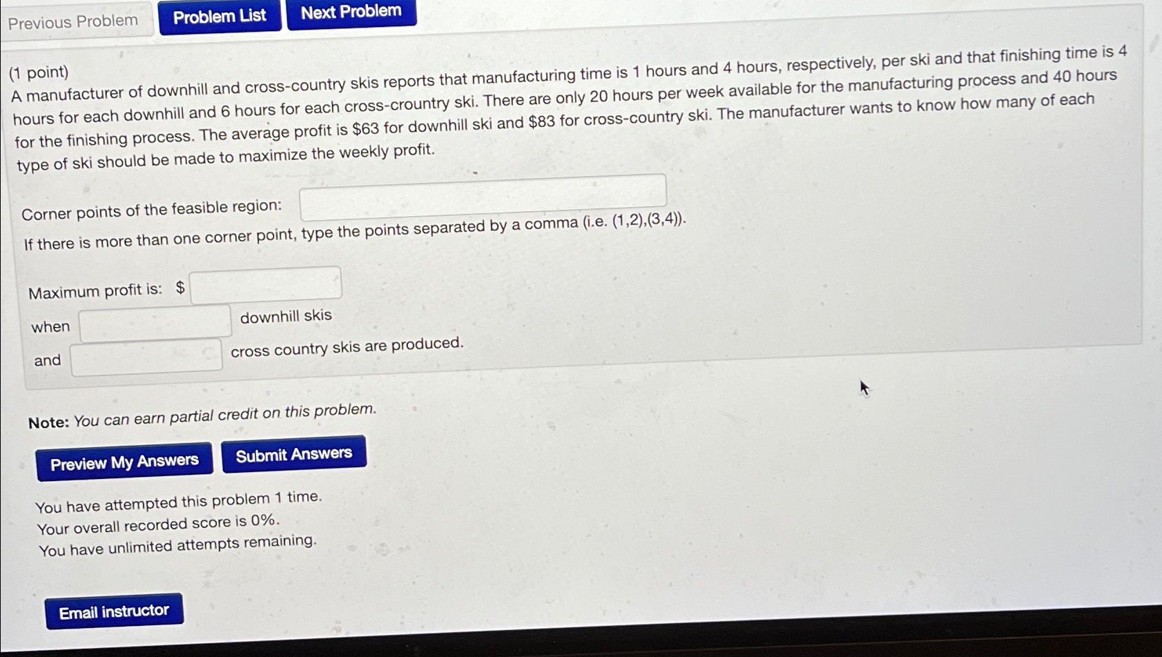 Solved Previous Problem(1 ﻿point)A manufacturer of downhill | Chegg.com