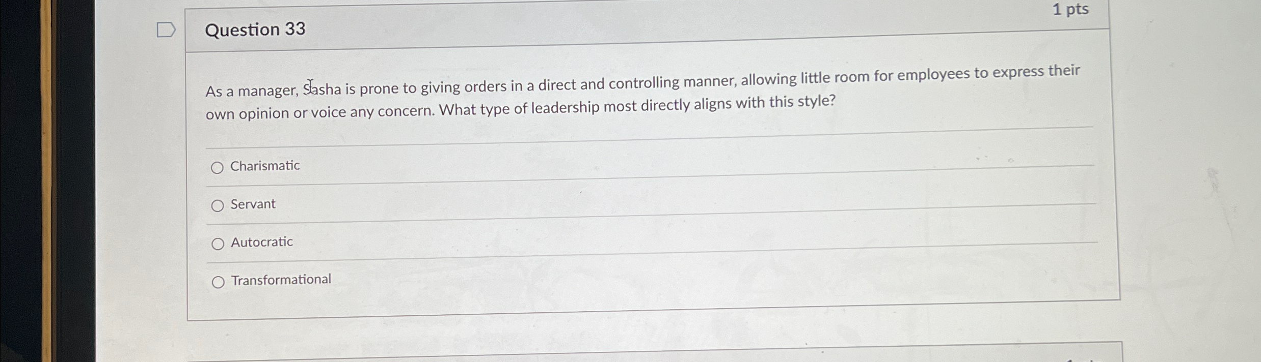 Solved 1 ﻿ptsQuestion 33As a manager, stastas is prone to | Chegg.com