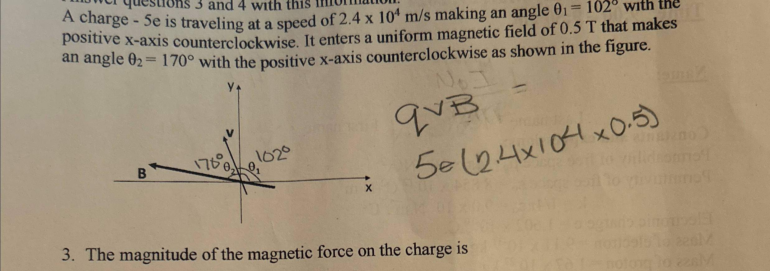 Solved A charge -5e is traveling with a speed of 2.4 ﻿x 104 | Chegg.com