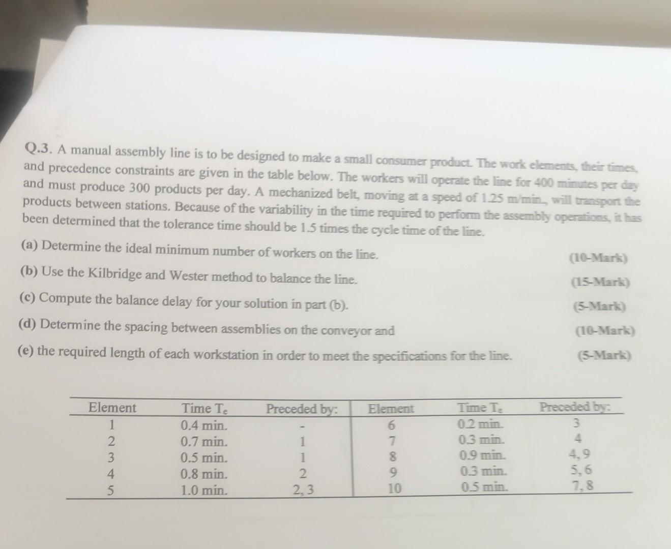 Solved Q.3. A manual assembly line is to be designed to make | Chegg.com