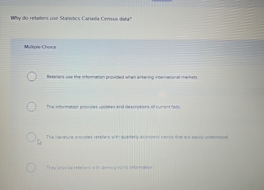 Solved Why do retailers use Statistics Canada Census | Chegg.com Solved Why do retailers use Statistics Canada Census | Chegg.com
