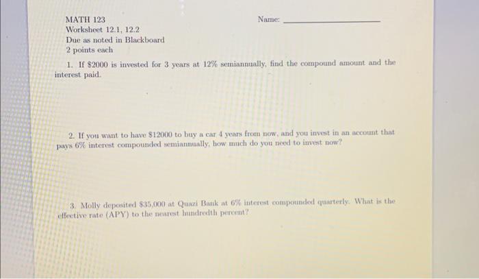 Solved MATH 123 Name: Worksheet 12.1, 12.2 Due as noted in | Chegg.com
