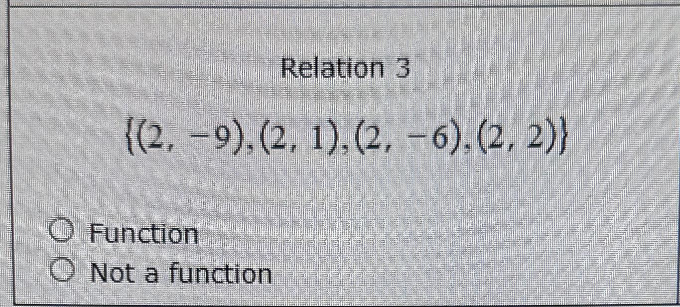 Solved Relation 3{(2,-9),(2,1),(2,-6),(2,2)}FunctionNot a | Chegg.com