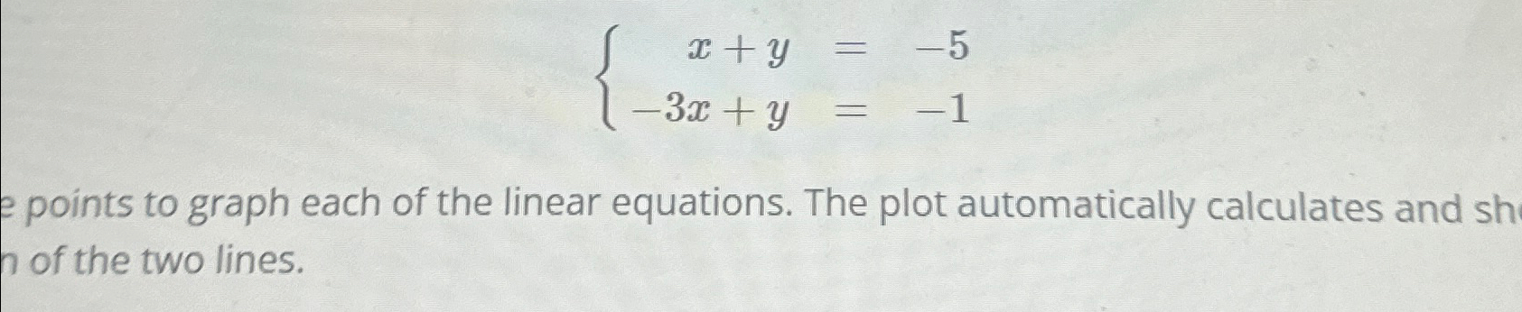 Solved x+y,=,-5-3x+y,=,-1e points to graph each of the | Chegg.com