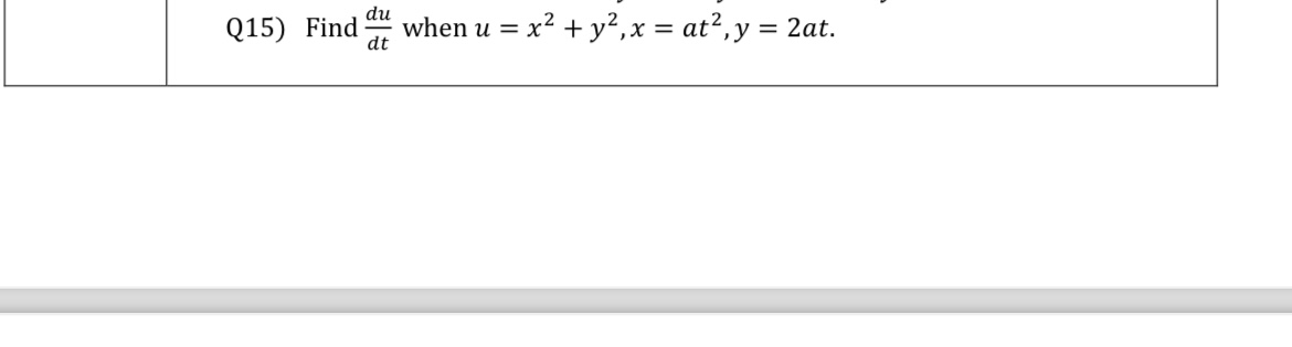 Solved Q15) ﻿Find dudt ﻿when u=x2+y2,x=at2,y=2at. | Chegg.com