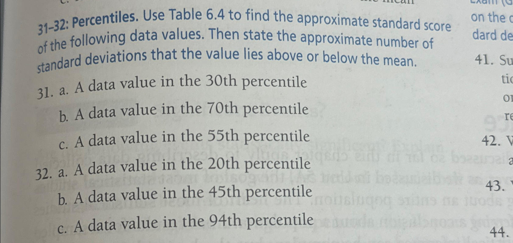 Solved 31-32: Percentiles. Use Table 6.4 ﻿to find the | Chegg.com