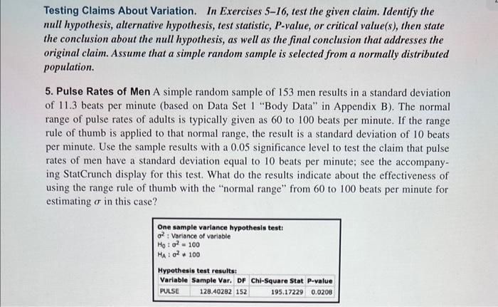 Solved Testing Claims About Variation. In Exercises 5-16, | Chegg.com