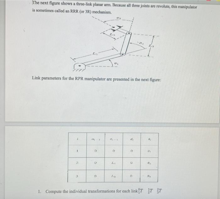 Solved The next figure shows a three-link planar arm. | Chegg.com