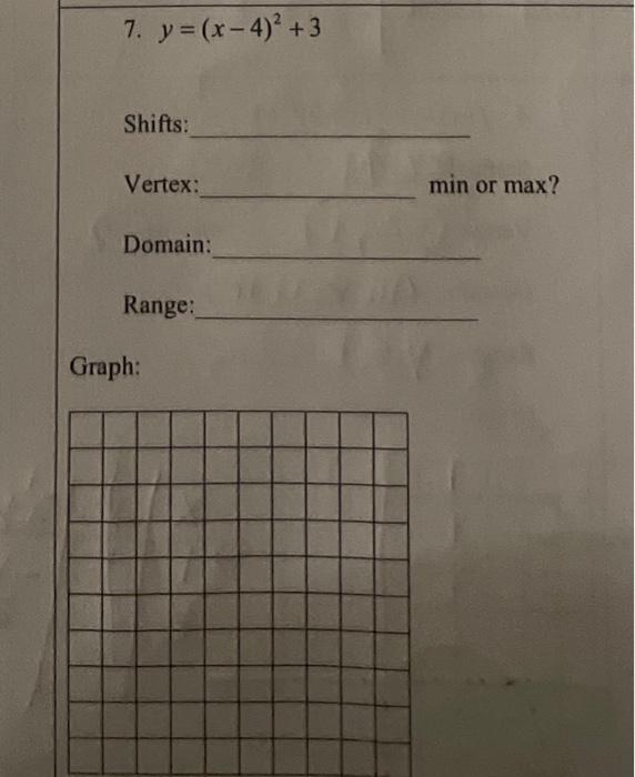 Solved 7. y =(x-4)² +3 Shifts: Vertex: Domain: Range: Graph: | Chegg.com
