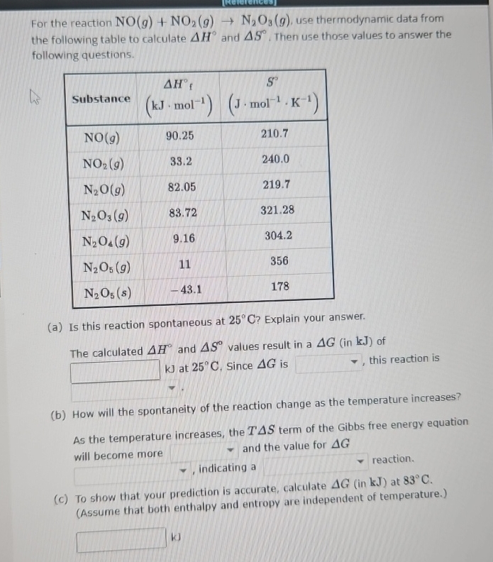 Solved For the reaction NO(g)+NO2(g)→N2O3(g), ﻿use | Chegg.com