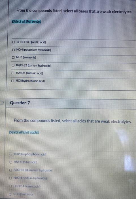 Solved From the compounds listed, select all acids that are | Chegg.com
