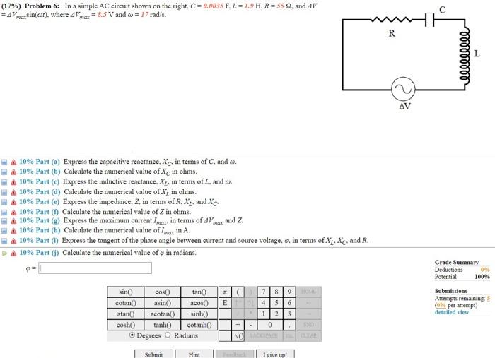(17\%) Problem 6: In a simple AC circuit shown on the | Chegg.com