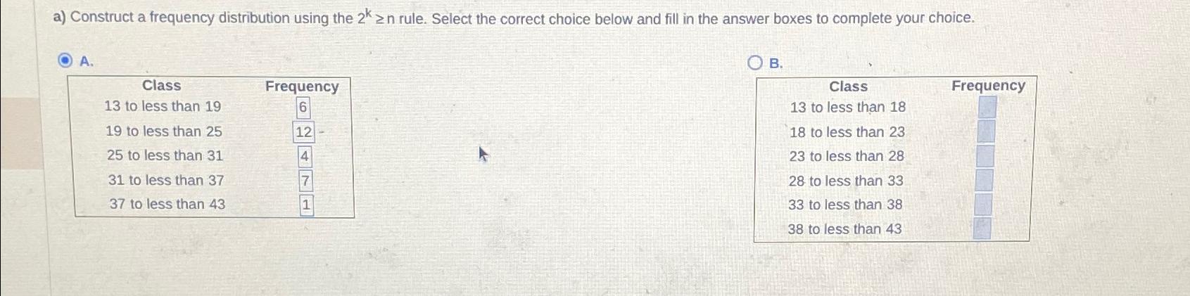 Solved a) ﻿Construct a frequency distribution using the 2k≥n | Chegg.com