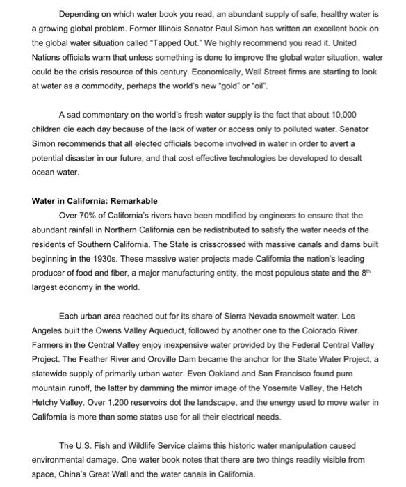 Solved 1. The article looks at water globally, then | Chegg.com