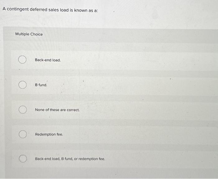 Solved A contingent deferred sales load is known as a: | Chegg.com