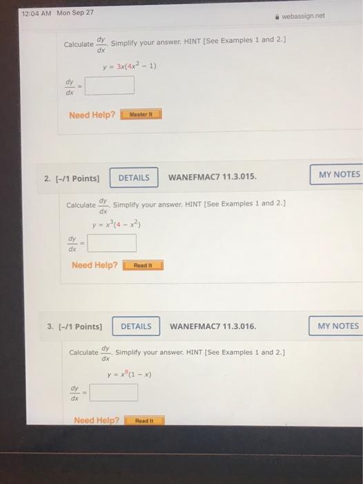 Solved 12:04 AM Mon Sep 27 webassign.net dy Calculate | Chegg.com