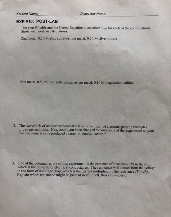Solved Student Name: Instructor Name: EXP #10: POST-LAB 1. | Chegg.com
