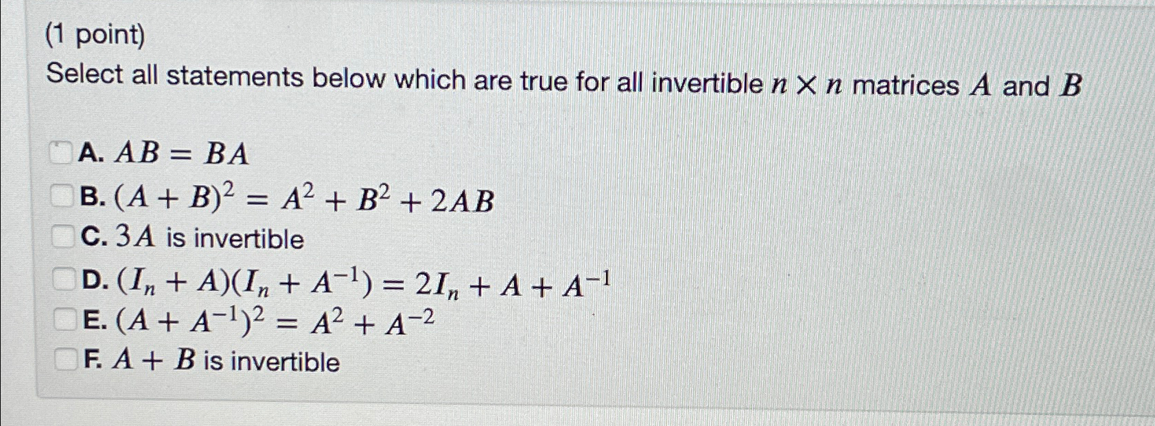 Solved (1 ﻿point)Select all statements below which are true | Chegg.com
